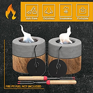 2 Pack Gardenix Decor Concrete Tabletop Fire Pits Round Wood Design; Burns Ethanol and Multiple Fuels; 2 Extending Marshmallow Roasting Stick Forks; Table Top Fire Pit Bowl / Mini Tabletop Fireplace
