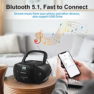G Keni Portable CD and Cassette Player Boombox Combo, Casette Tape Recorder with Remote, AM FM Radio, USB Playback with Earphone Jack, 5.1V Bluetooth Speaker, Battery Operated or AC Powered for Home