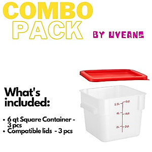 uVeans 6 pack Square Sous Vide Containers With Lids - 6 Quart Restaurant Supplies Food Containers - 3 Containers and 3 Lids Food Service