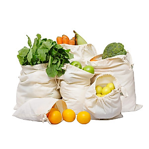 Reusable Produce Bags Washable, Muslin Bags with Drawstrings Set of 6, Veggie Bags, 100% Organic Cotton, Foldable Vegetable Shopping Bags, Muslin Bread Bags, Reusable Bulk Bags for Grains(2L, 2M, 2S)