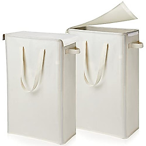 2 Pcs 60L Slim Laundry Hamper with Lid Narrow Laundry Basket with Handle Collapsible Thin Dirty Clothes Basket Bag Portable Skinny Hamper Organizer Storage Bins, 25.6 Inches, Beige