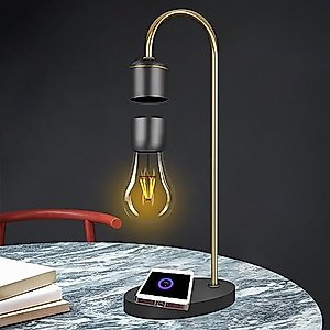 FloatGo Levitating Bulb Lamp with Wireless Charger for Smart Phones Apple Android Magnetic Levitation LED Night Light Gold Floating Desk Toys Love Family Office Gift Home Decor
