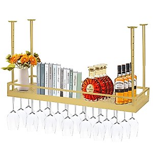 KEPMOGOH Ceiling Wine Glass Rack, Adjustable Hanging Metal Wine Holder Cabinet, Floating Iron Bottle Holder Wine Shelf, Wall-Mounted Wine Rack Storage Shelve for Bar Cafe Kitchen Party (23.6in)