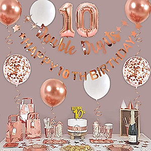 Rose Gold Double Digits Happy 10th Birthday Banner Garland Foil Balloon 10 for Girls Boys 10th Birthday Decorations Hanging 10 and Fabulous Cheers to 10 Years Old Ten Birthday Party Supplies Backdrop