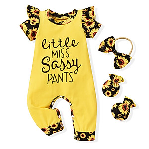 HINTINA Preemie Premature Baby Girl Sunflower Floral Romper Little Miss Sassy Pants Jumpsuit Outfits Spring Summer Clothes Set Yellow