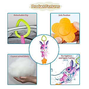 AIPINQI Hanging Rattle Toys for Baby, Colorful Cartoon Animal Shapes Toy with Teether and Sound Plush Ring Infant Development Toys for Baby Boys and Girls Newborn Gifts 3-36 Months, Rabbit