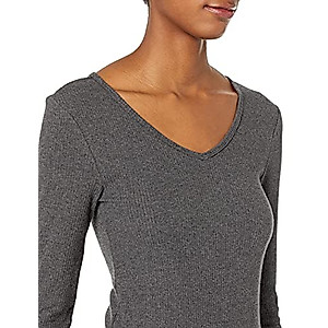 Amazon Essentials Women's Slim-Fit Layering Long Sleeve Knit Rib V-Neck (Available in Plus Size), Pack of 2, Black/Charcoal Heather, Small