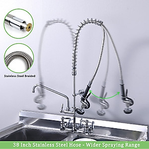HYAHDEN Commercial Faucet with Pre Rinse Sprayer, 8 Inch Wall Mount Faucet for 3 Compartment Sink, Commercial Faucet Restaurant Kitchen Faucet with 12” Spout, 35" Height, Industrial, Chrome, Brass
