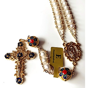 elegantmedical handmade 18KGold-plated Ladder to Heaven pearl & Enamel Beads Catholic Rosary crucifix Necklace box