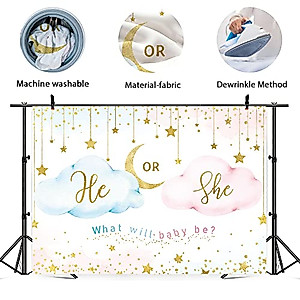 Newsely He Or She Gender Reveal Backdrop 7Wx5H Boy or Girl Pink Cloud What Will Baby Be Background Gold Stars Moon Cute Lovely Newborn Party Decorations Banner Photo Booth Props Birthday Supplies