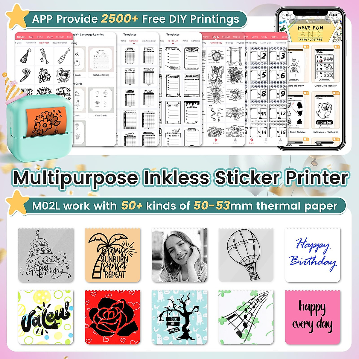 Mandizza Sticker Printer- M02L Pocket Printer with 6 Rolls Paper Thermal Mini Printer Portable Printer for Printing Photos, Study Notes, Scrapbook, Journal, Birthday, Green