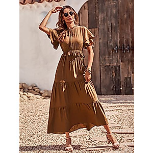PRETTYGARDEN Womens Summer Boho Maxi Dress Short Sleeve V Neck Ruffle Trim High Waisted Tiered Party Flowy Long Dresses 2023 (Coffee, Medium)