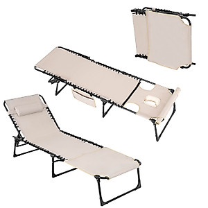 NUU GARDEN Folding Oxford Chaise Lounge Chair, Patio Tanning Chair with Face Hole Adjustable 5-Position Folding Chaise Lounge Chairs, Reclining Lounge Chair with Pillow for Beach, Patio, Pool, Khaki