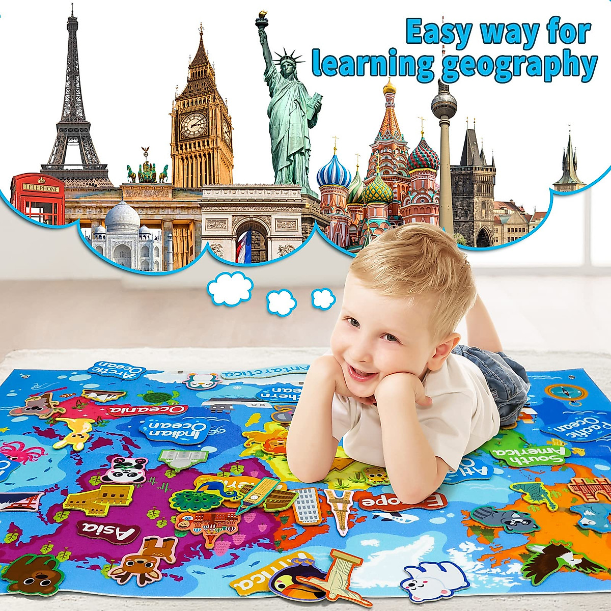 Taika World Felt Set, Felt World Map with World Famous Sights, Educational Play Mat Flannel Board Set, 43x28 inch Preschool Learning Flannel Board