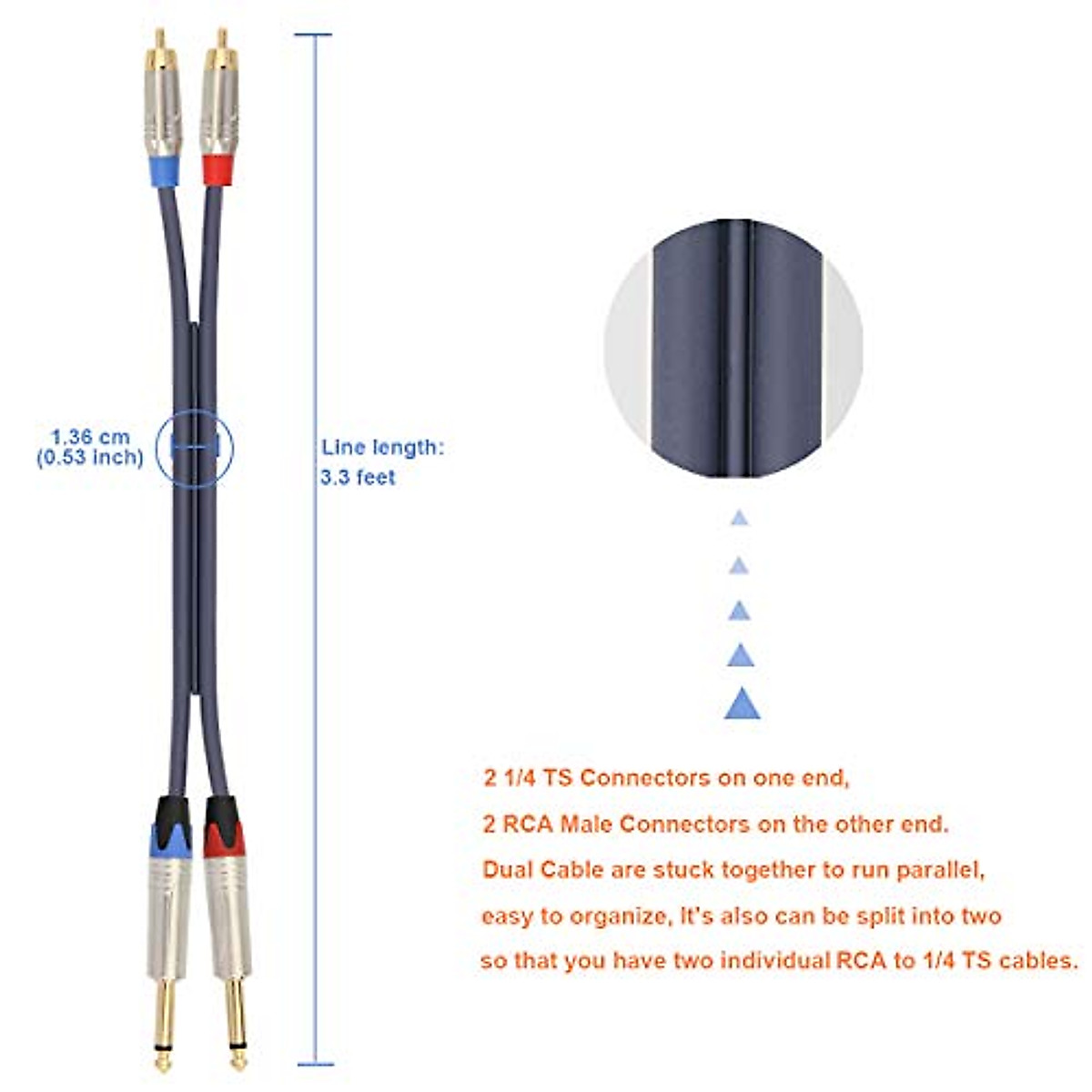 tisino RCA to 1/4 Cable, Dual RCA to Dual 1/4 inch TS Stereo Audio Interconnect Cable Patch Cords - 3.3 feet