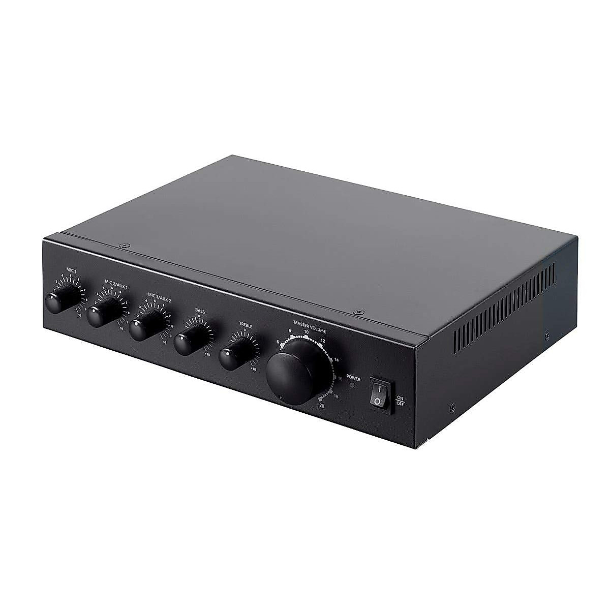 Monoprice Commercial Audio 3 Channel 60 Watt 100/70V Mixer Amp - Three Mic Inputs, Bass, Treble, and Volume Controls, Black
