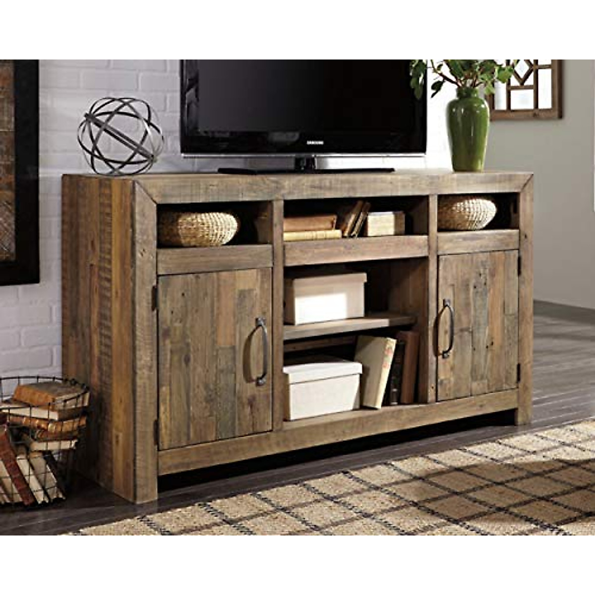Signature Design by Ashley Sommerford Rustic Solid Pine Wood TV Stand Fits TVs up to 60", 2 Cabinets, 3 Storage Cubbies, 2 Adjustable Shelves, Brown