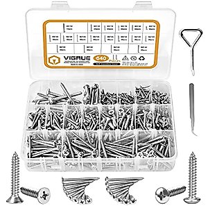 VIGRUE 640PCS M3/M4/M5/M6 Phillips Drive Wood Screw Assortment Kit, 304 Stainless Steel Self Tapping Screws Assortment Set (Round Head and Flat Head)