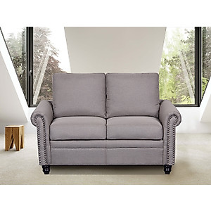 Container Furniture Direct Dove Linen Upholstered Modern Loveseat with Nailhead Trim, Light Brown