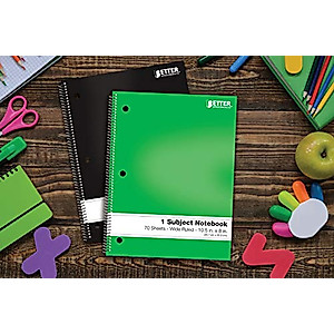 Better Office Products Spiral Notebooks 1-Subject, 24 Pack, Wide Rule, 70 Sheet, 8 x 10.5 inches, 6 Assorted Primary Colors, 24 Pack