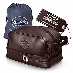 Bayfield Bags Travel Toiletry Bag For Men Shaving Bag Dopp Kit (Black) Bottom Storage Holds More (10x6x5)-Leather Mens Toiletry Bag -Shower Bathroom Bag For men - Men Travel Toiletries Bag