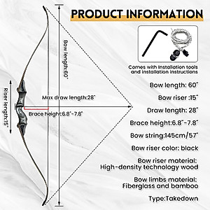 Obert Original Black Hunter Takedown Recurve Bow 60inch with Bamboo Core Limbs Archery Hunting Target Practice