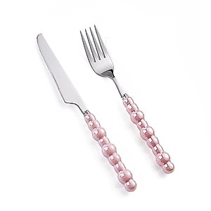 2Pcs Pearl Flatware Set, Creative Stainless Steel Flatware Pearl Ceramic Handle Silverware Tableware for Kitchen Hotel Home Steak Knife Dessert Spoon Dishwasher