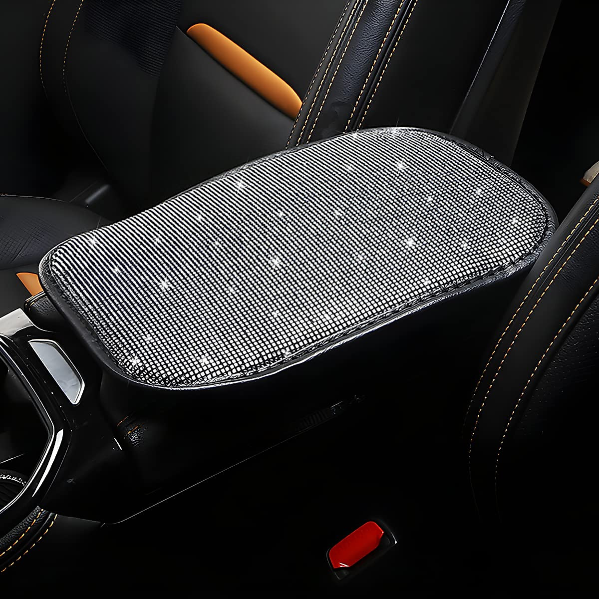 Bling Center Console Cover, Diamond Fashion ArmRest Pad, Crystal Soft Arm Rest Protective Cushion, Car Accessories for Women Girls, 11.8"×8.5" for Most of Vehicles, SUVs, Trucks (Black&White)