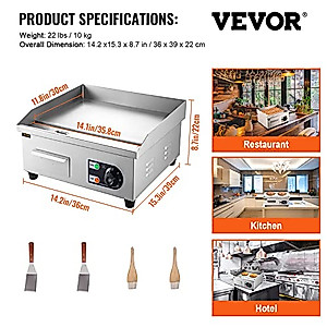 VEVOR Electric Countertop Griddle, 14-Inch, 1500W Grill with Adjustable Temperature Control 122°F-572°F, Non-Stick Commercial Restaurant Grill, 110V Stainless Steel Flat Top Grill