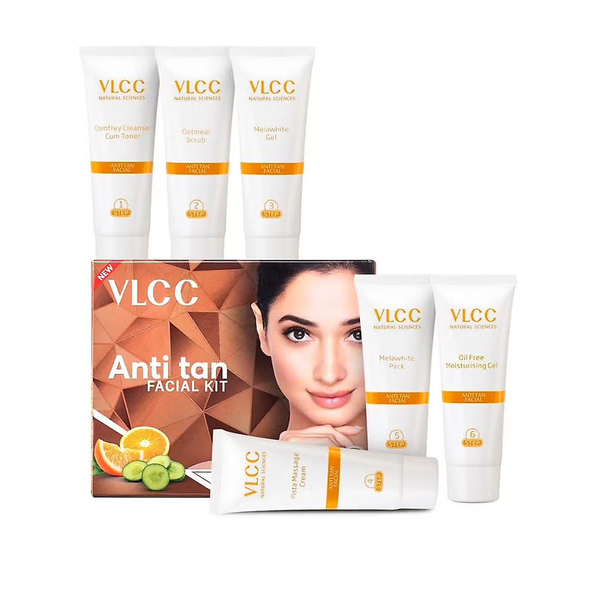 VLCC Natural Anti Tan Facial Kit - Single Use | Salon Like Facial at Home in Just 6-Steps | Includes Cleanser, Scrub, Cream, Face Pack & Moisturizing Gels | 2.12 Oz/60g