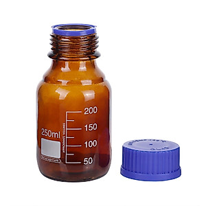 Pastein 10 Pieces Amber Glass 250 mL Graduated Round Lab Reagent Media/Storage Bottle With GL45 Blue Screw Cap