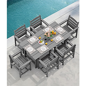 SERWALL Outdoor HDPE Dining Table Set, 7-Piece Outdoor Dining Table Sets with Umbrella Hole Cut-Out Table and 6 Chairs, Gray