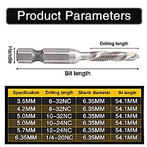 HOHXEN 6Pcs Drill Tap Combination Bit Set HSS Deburr Countersink Bit 1/4 Hex Shank Tool Kit
