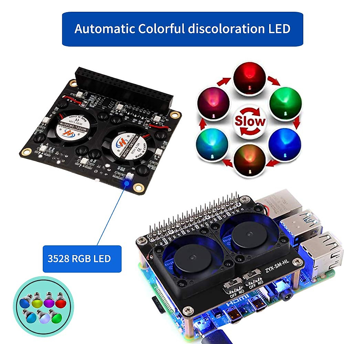 Raspberry Pi 4B Dual Cooling Fans and Automatic Discoloration LED, Raspberry Pi GPIO Expansion Board for Raspberry Pi 4B / 3B+ / 3B / 3A+