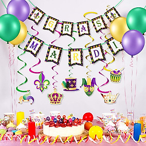 43 Pieces Mardi Gras Hanging Decorations Kit Included New Orleans Pennant Banner 18 Pieces Mardi Gras Hanging Swirls and 24 Pieces Mardi Gras Latex Balloons for Mardi Gras Party Decorations Supplies