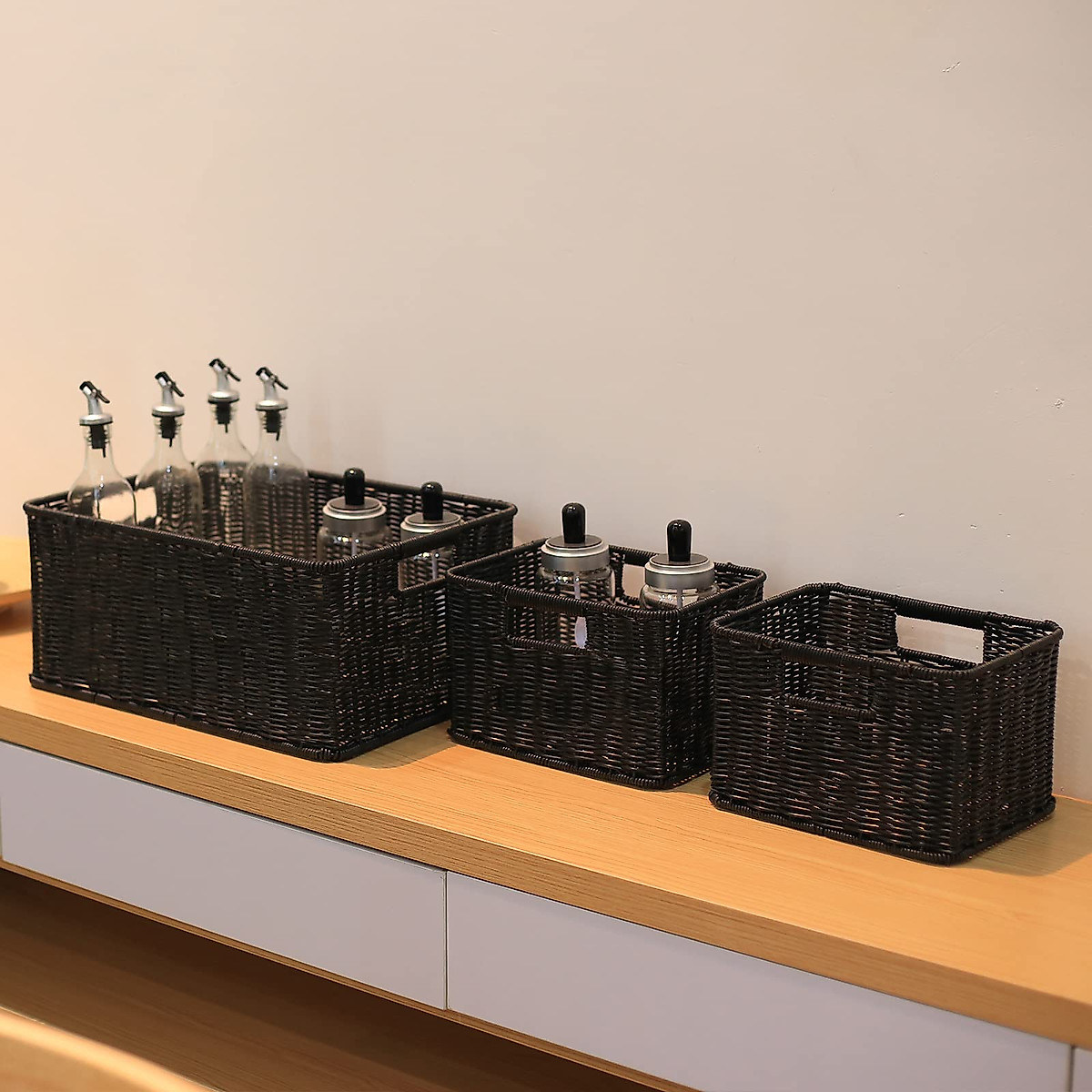 HOONEX Large Wicker Baskets for Storage, Woven Plastic Baskets for Organizing with Dual Handles, Baskets for Storage, Set of 3, Black