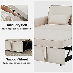 JEEOHEY 3-in-1 Convertible Sleeper Sofa Bed,54" Modern Linen Pull Out Couch Bed Futon Chair with Adjustable Backrest&Pillows,Furniture for Living Room Apartment Small Space,Beige