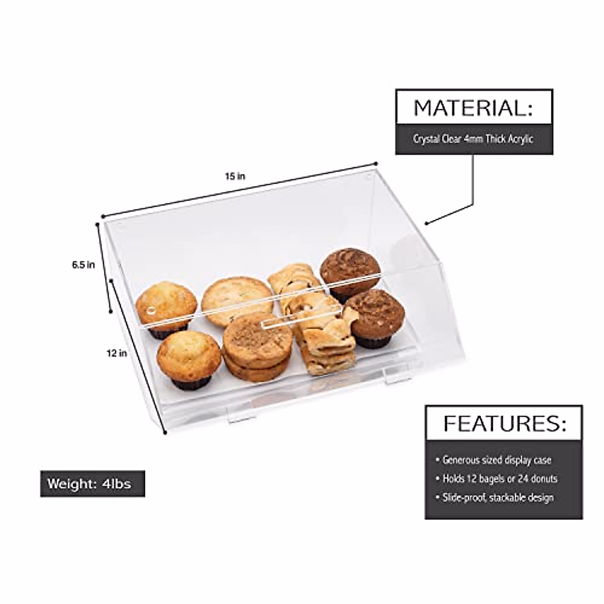 SimplyImagine Bakery Display Case, Stackable Acrylic Pastry Case Box for Countertop - Retail, Commercial, Home, Portable Use for Bagels, Baked Goods, Bread, Donuts, Vegetables, More