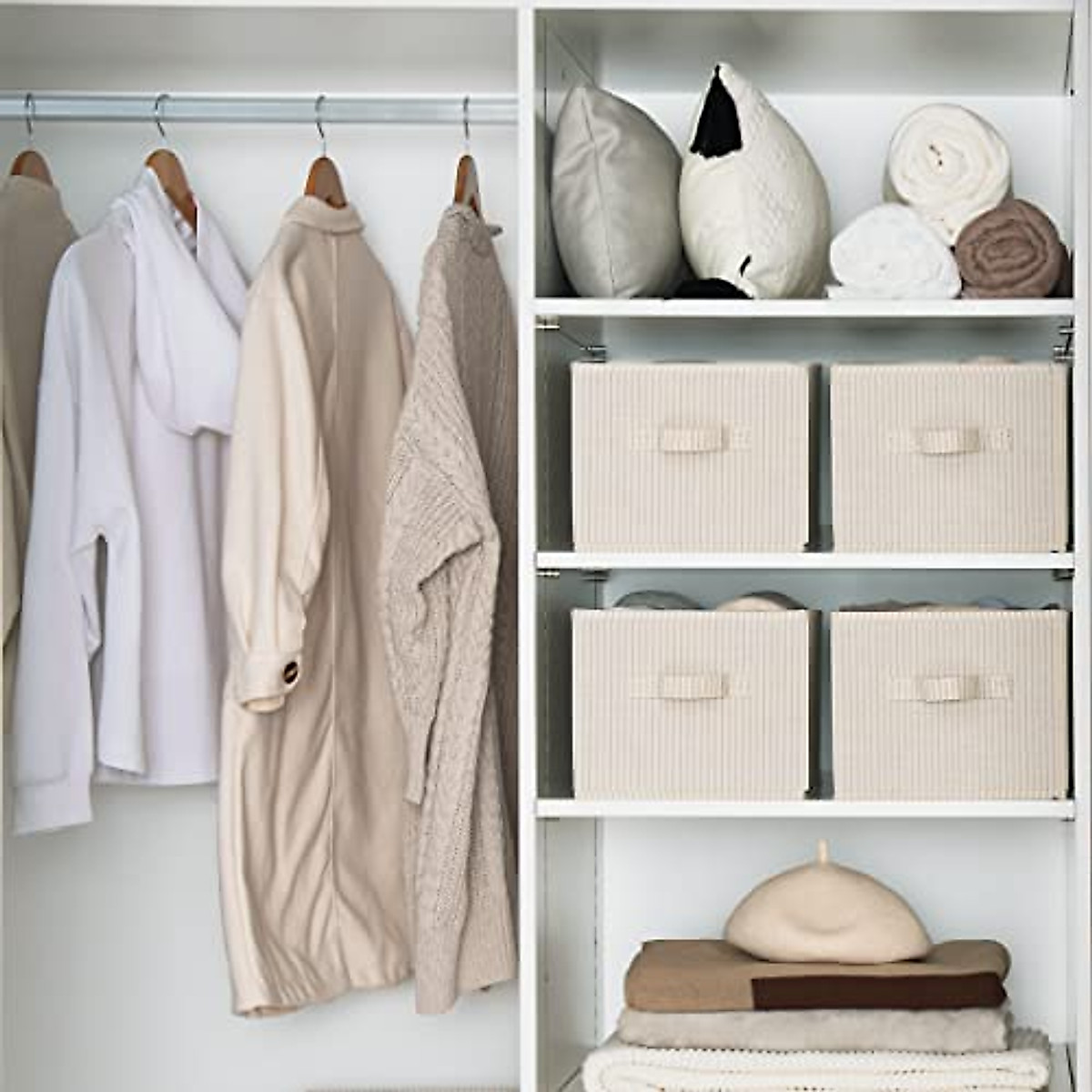 StorageWorks Large Storage Baskets for Shelves, Rectangular Closet Organizers with Handles, Foldable Closet Storage Baskets for Utility Room, 3-Pack, Beige Stripes