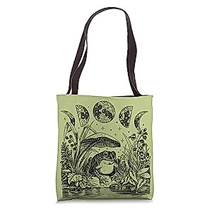 Cute Cottagecore Aesthetic Frog Mushroom Moon Witchy Vintage Tote Bag