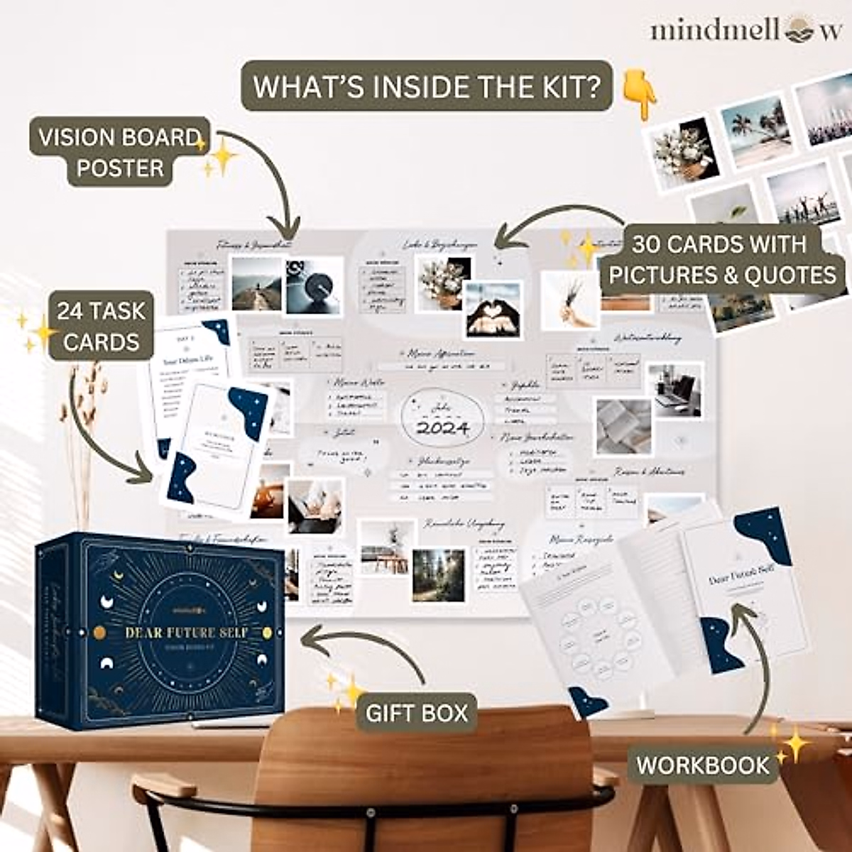 Mindmellow Vision Board Kit “Dear Future Self” - Vision Board Supplies with Wall Poster, Pictures, Workbook, Inspirational Cards - Vision Board Book