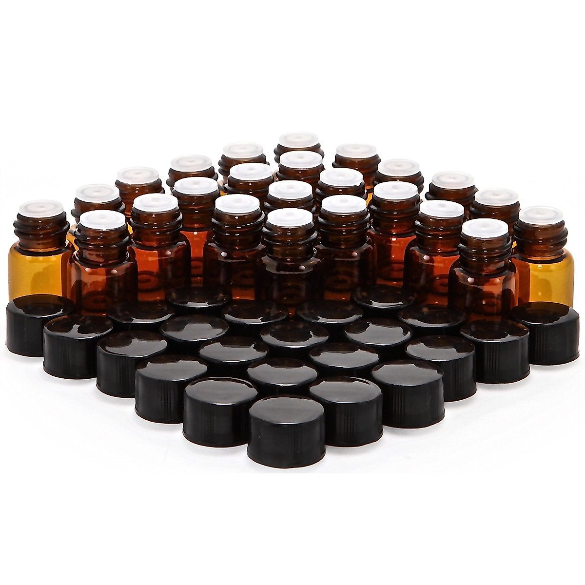 24, Amber, 2 ml (5/8 Dram) Glass Bottles, with Orifice Reducers and Black Caps