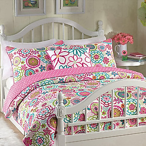 Cozy Line Home Fashions Pink Floral Polka Dot Colorful Reversible Quilt Bedding Set, Coverlet, Bedspreads for Girls (Mariah, Twin - 2 Piece)