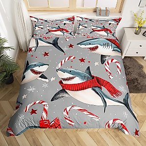 Cartoon Shark Duvet Cover Full Size Christmas Sweet Candy Bedding Set 3pcs Undersea Marine Fish Comforter Cover for Kids Bedroom Decor Cute Star Snowflake Quilt Cover(Not Comforter)
