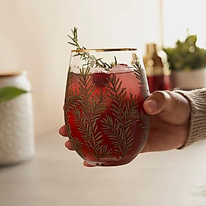 Twine Woodland Stemless Wine Glasses, Festive Gold Rim Tumblers, Decorative Barware, 16 Oz Set of 2