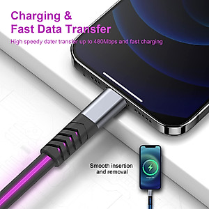 Light up iPhone Charger Cord, 6FT LED Lightning Cables | Apple MFi Certified | USB Fast Charging Cord for Apple iPhone 13 12 11 Pro Max XR XS X/8Plus/7Plus/6Plus/5s/iPad iPod Touch More (Purple)