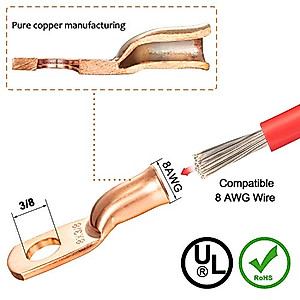 10 Pack UL Copper Wire Lugs 8 Gauge 8 AWG 3/8 Inch Heavy Duty Battery Cable Terminal Connector, Ring Terminal Copper Crimp Lugs Welding Cable Bare Copper Eyelet Lug with Heat Shrink
