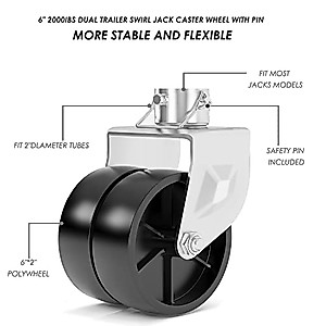 Trailer Jack Wheel Replacement 2000 lbs, 6" Trailer Jack Foot Wheel, Dual Wheel Swivel Trailer Tongue Jack Wheel for Trailer Jack with Pin for Boat Trailer Camper Rv