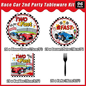 Kepeel 96Pcs Two Fast Birthday Party Supplies, Race Car 2nd Party Plates and Napkins Sets for Kids Boys Race Track Racing Sports Themed Two Years Old Party Baby Shower Decorations Favors, Serves 24