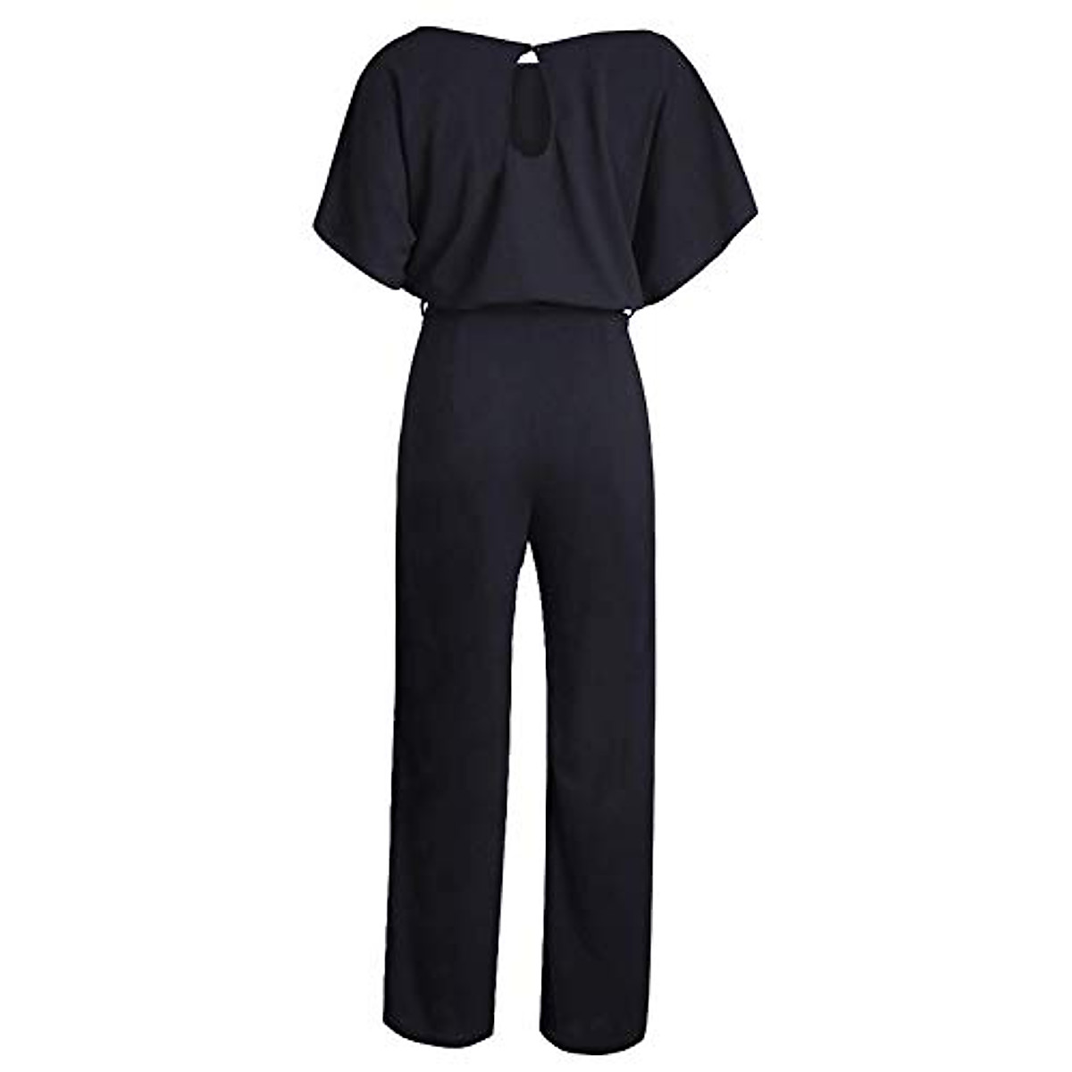 Happy Sailed Women Casual Loose Short Sleeve Belted Wide Leg Pant Romper Jumpsuits Medium Black